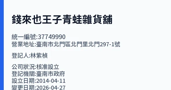 錢來也王子青蛙雜貨舖的照片-統編 37749990(臺南市) 公司登記資料與營業項目詳細圖表