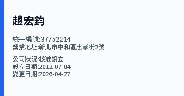 趙宏鈞的照片-統編 37752214(新北市) 公司登記資料與營業項目詳細圖表