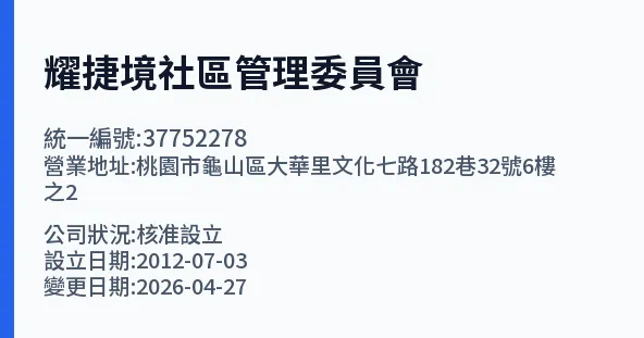 耀捷境社區管理委員會的照片-統編 37752278(桃園市) 公司登記資料與營業項目詳細圖表