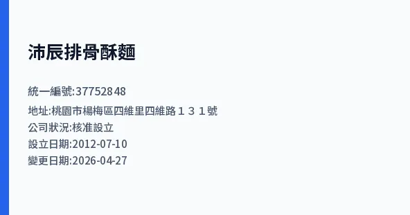 沛辰排骨酥麵的照片-統編 37752848(桃園市) 公司登記資料與營業項目詳細圖表