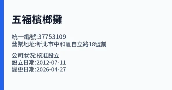 五福檳榔攤的照片-統編 37753109(新北市) 公司登記資料與營業項目詳細圖表