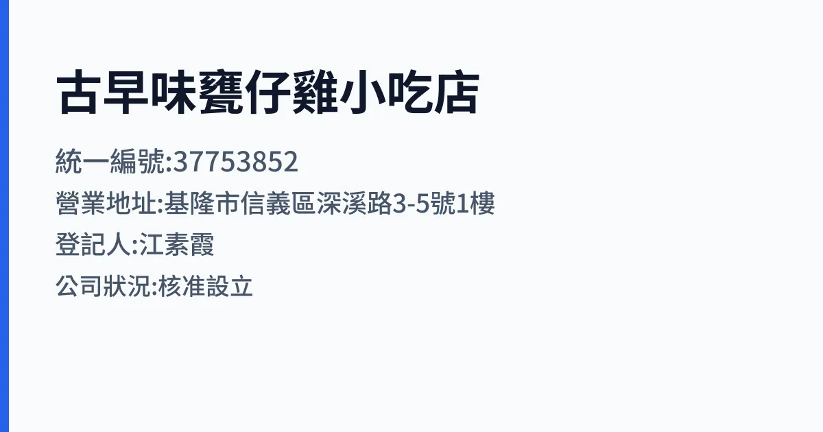 古早味甕仔雞小吃店 - 統編 37753852(基隆市) 公司登記資料與營業項目詳細圖表