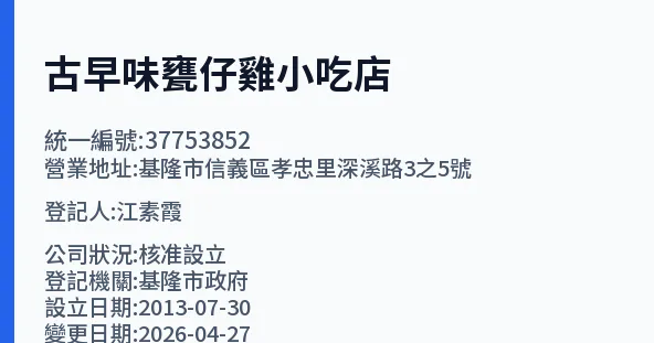 古早味甕仔雞小吃店的照片-統編 37753852(基隆市) 公司登記資料與營業項目詳細圖表
