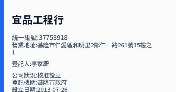 宜品工程行的照片-統編 37753918(基隆市) 公司登記資料與營業項目詳細圖表