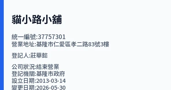 貓小路小舖的照片-統編 37757301(基隆市) 公司登記資料與營業項目詳細圖表
