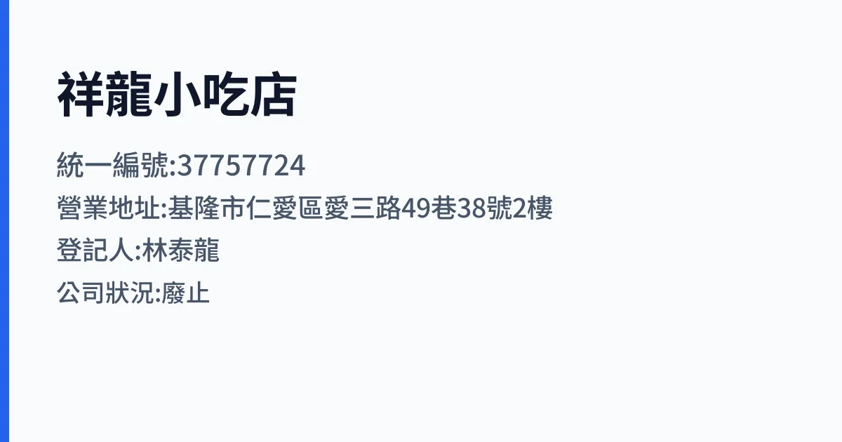 祥龍小吃店 - 統編 37757724(基隆市) 公司登記資料與營業項目詳細圖表