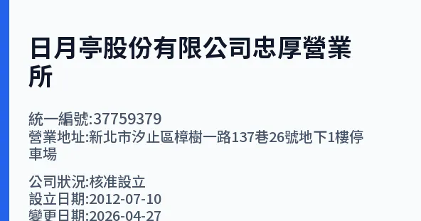 日月亭股份有限公司忠厚營業所的照片-統編 37759379(新北市) 公司登記資料與營業項目詳細圖表