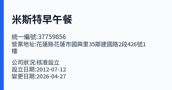 米斯特早午餐的照片-統編 37759856(花蓮縣) 公司登記資料與營業項目詳細圖表