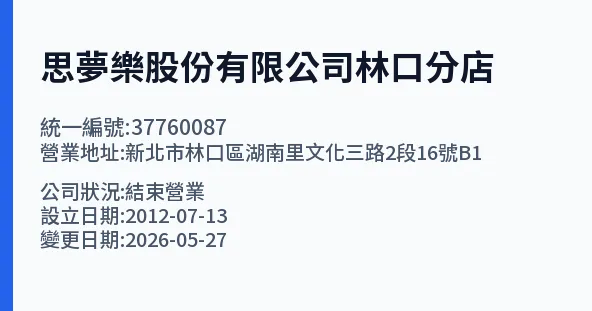 思夢樂股份有限公司林口分店的照片-統編 37760087(新北市) 公司登記資料與營業項目詳細圖表