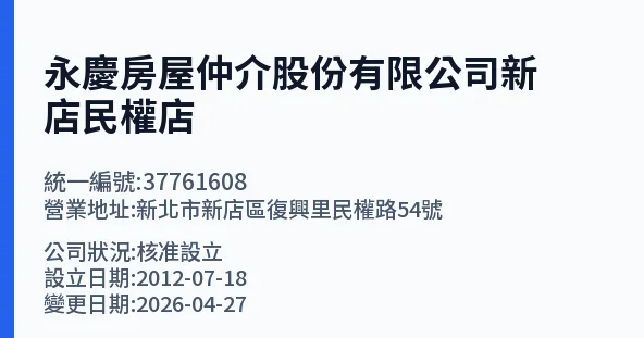 永慶房屋仲介股份有限公司新店民權店的照片-統編 37761608(新北市) 公司登記資料與營業項目詳細圖表