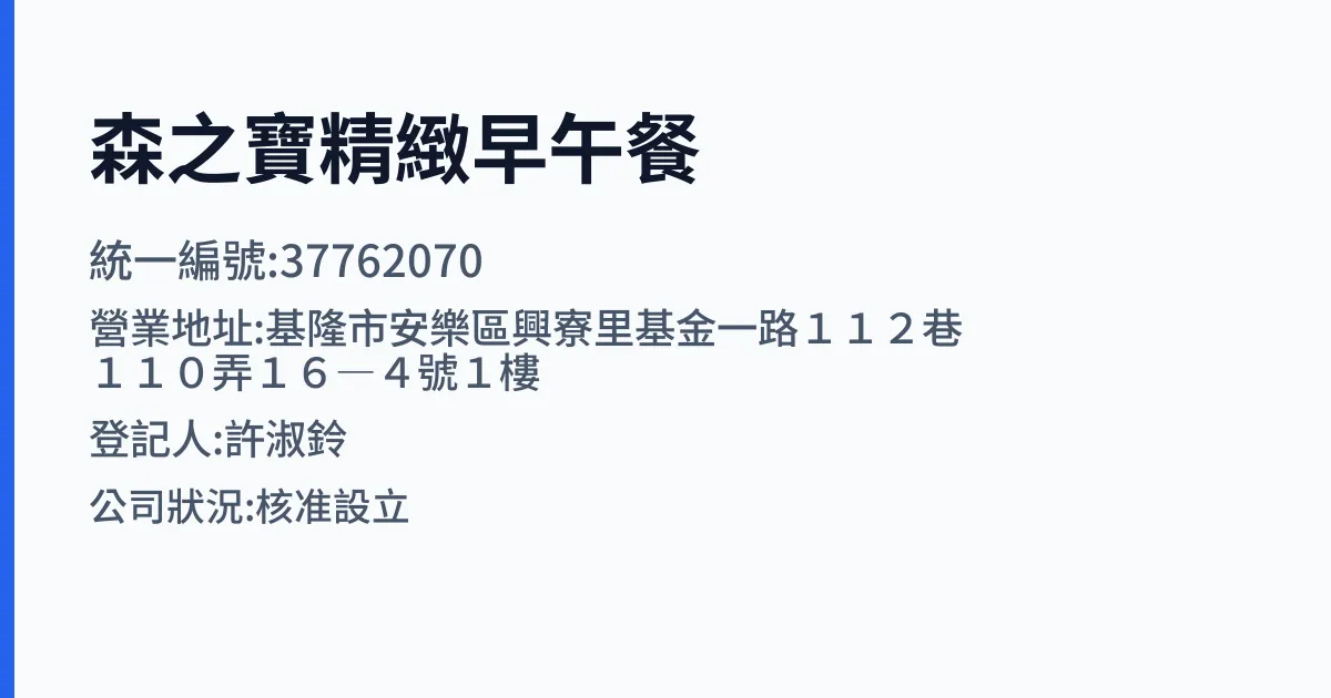 森之寶精緻早午餐 - 統編 37762070(基隆市) 公司登記資料與營業項目詳細圖表