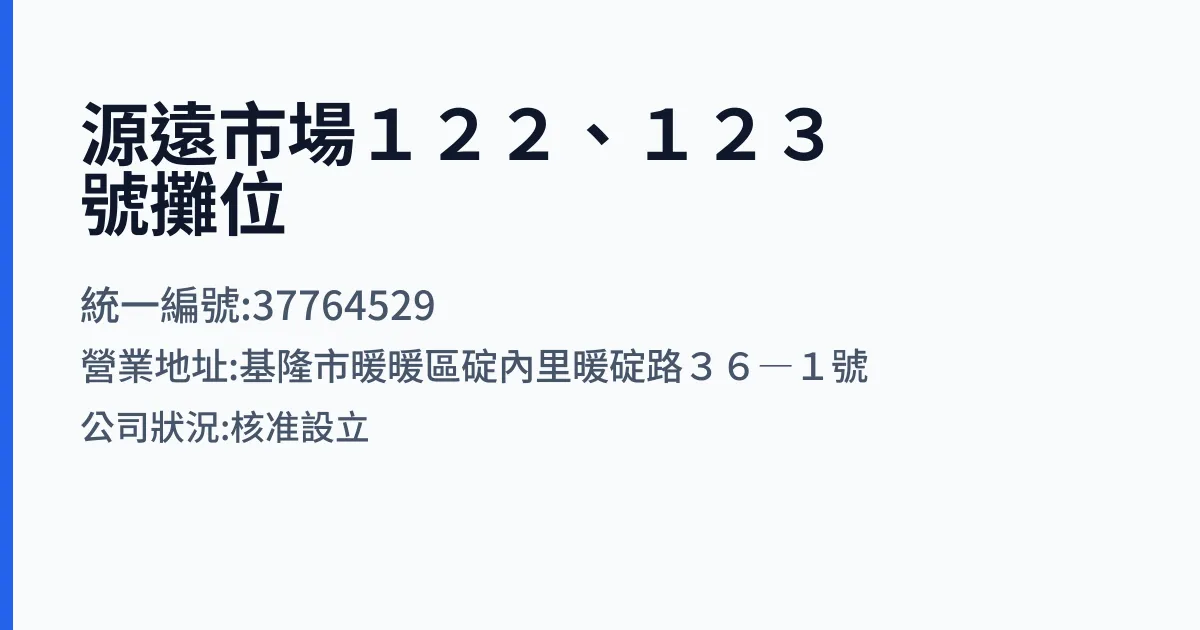 源遠市場１２２、１２３號攤位 - 統編 37764529(基隆市) 公司登記資料與營業項目詳細圖表