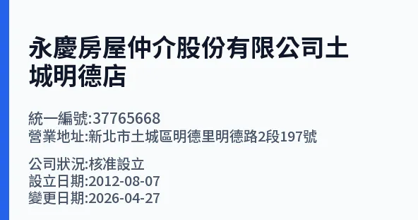 永慶房屋仲介股份有限公司土城明德店的照片-統編 37765668(新北市) 公司登記資料與營業項目詳細圖表