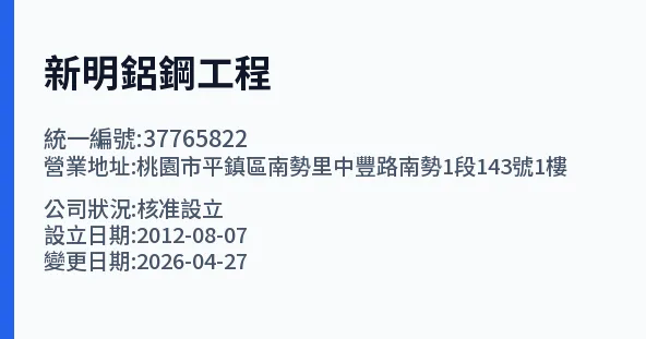 新明鋁鋼工程的照片-統編 37765822(桃園市) 公司登記資料與營業項目詳細圖表