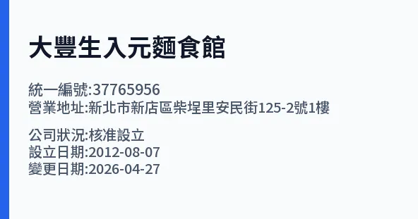 大豐生入元麵食館的照片-統編 37765956(新北市) 公司登記資料與營業項目詳細圖表