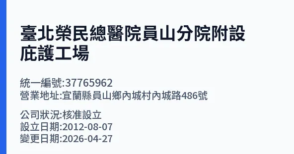 臺北榮民總醫院員山分院附設庇護工場的照片-統編 37765962(宜蘭縣) 公司登記資料與營業項目詳細圖表