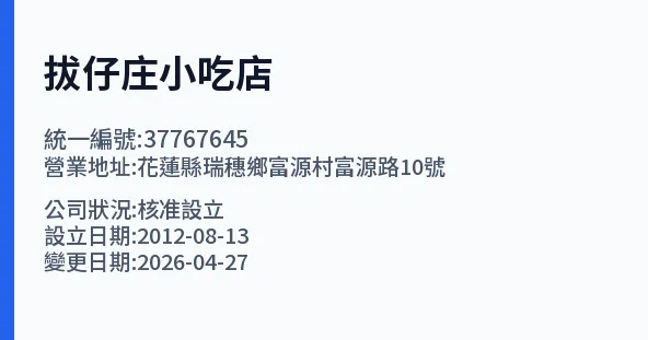拔仔庄小吃店的照片-統編 37767645(花蓮縣) 公司登記資料與營業項目詳細圖表