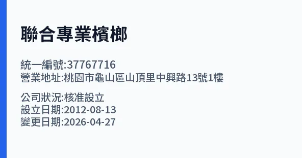 聯合專業檳榔的照片-統編 37767716(桃園市) 公司登記資料與營業項目詳細圖表