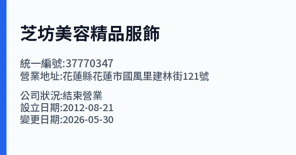 芝坊美容精品服飾的照片-統編 37770347(花蓮縣) 公司登記資料與營業項目詳細圖表