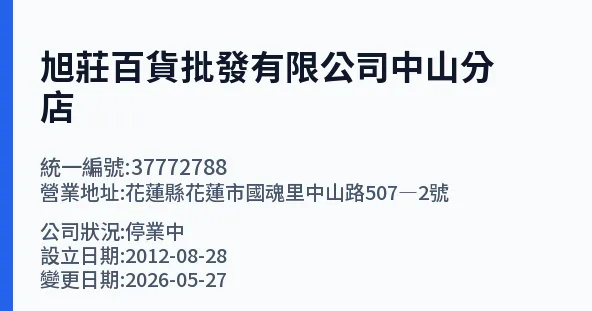 旭莊百貨批發有限公司中山分店的照片-統編 37772788(花蓮縣) 公司登記資料與營業項目詳細圖表