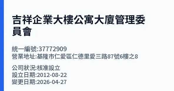 吉祥企業大樓公寓大廈管理委員會的照片-統編 37772909(基隆市) 公司登記資料與營業項目詳細圖表