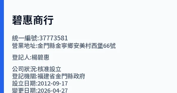 碧惠商行的照片-統編 37773581(金門縣) 公司登記資料與營業項目詳細圖表