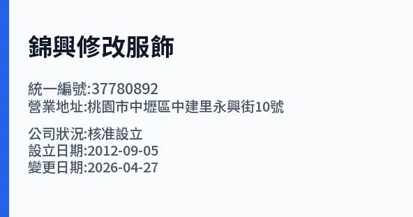 錦興修改服飾的照片-統編 37780892(桃園市) 公司登記資料與營業項目詳細圖表