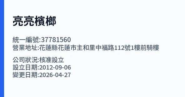 亮亮檳榔的照片-統編 37781560(花蓮縣) 公司登記資料與營業項目詳細圖表