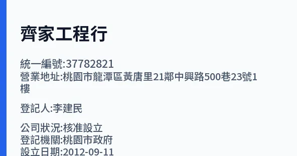 齊家工程行的照片-統編 37782821(桃園市) 公司登記資料與營業項目詳細圖表