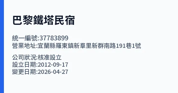 巴黎鐵塔民宿的照片-統編 37783899(宜蘭縣) 公司登記資料與營業項目詳細圖表