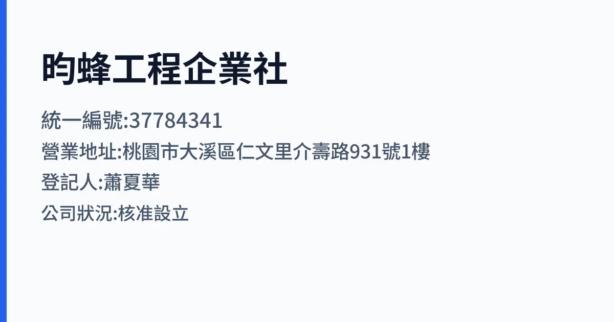 昀蜂工程企業社 - 統編 37784341(桃園市) 公司登記資料與營業項目詳細圖表