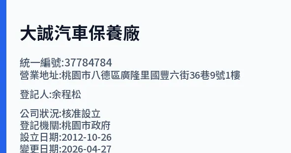 大誠汽車保養廠的照片-統編 37784784(桃園市) 公司登記資料與營業項目詳細圖表