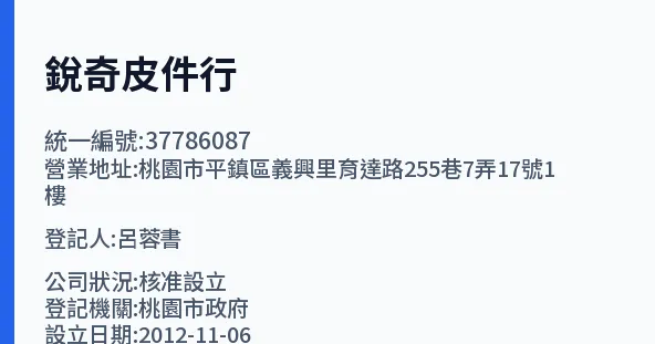 銳奇皮件行的照片-統編 37786087(桃園市) 公司登記資料與營業項目詳細圖表