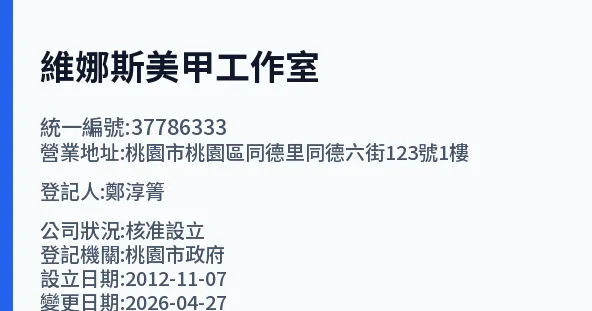 維娜斯美甲工作室的照片-統編 37786333(桃園市) 公司登記資料與營業項目詳細圖表