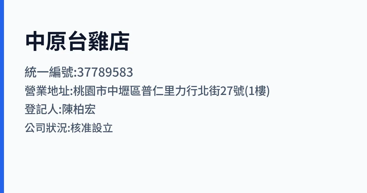 中原台雞店 - 統編 37789583(桃園市) 公司登記資料與營業項目詳細圖表