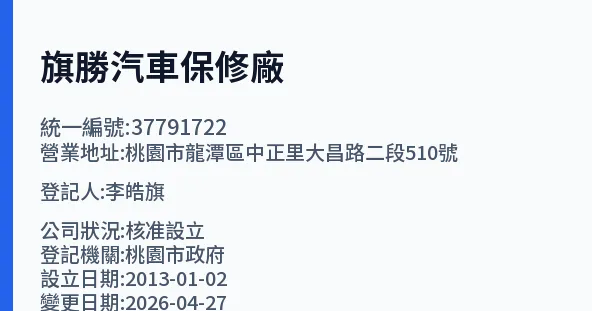 旗勝汽車保修廠的照片-統編 37791722(桃園市) 公司登記資料與營業項目詳細圖表