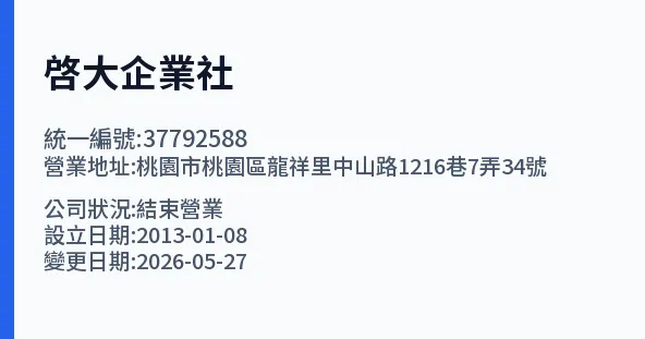 啓大企業社的照片-統編 37792588(桃園市) 公司登記資料與營業項目詳細圖表