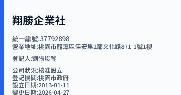 翔勝企業社的照片-統編 37792898(桃園市) 公司登記資料與營業項目詳細圖表