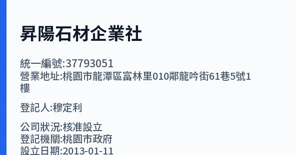 昇陽石材企業社的照片-統編 37793051(桃園市) 公司登記資料與營業項目詳細圖表
