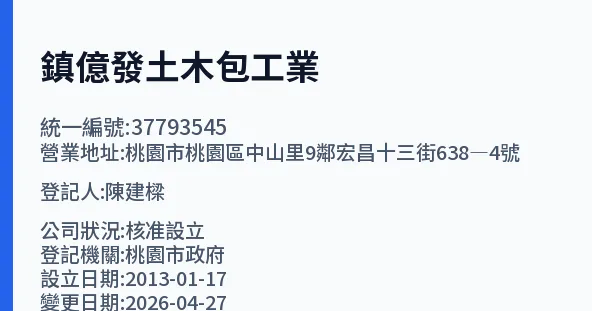 鎮億發土木包工業的照片-統編 37793545(桃園市) 公司登記資料與營業項目詳細圖表