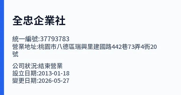 全忠企業社的照片-統編 37793783(桃園市) 公司登記資料與營業項目詳細圖表