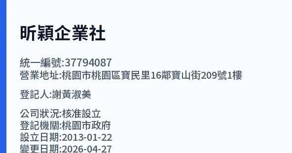 昕穎企業社的照片-統編 37794087(桃園市) 公司登記資料與營業項目詳細圖表