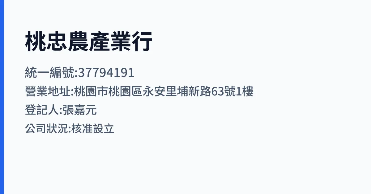 桃忠農產業行 - 統編 37794191(桃園市) 公司登記資料與營業項目詳細圖表
