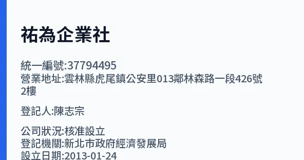 祐為企業社的照片-統編 37794495(雲林縣) 公司登記資料與營業項目詳細圖表
