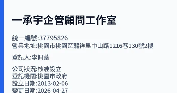 一承宇企管顧問工作室的照片-統編 37795826(桃園市) 公司登記資料與營業項目詳細圖表