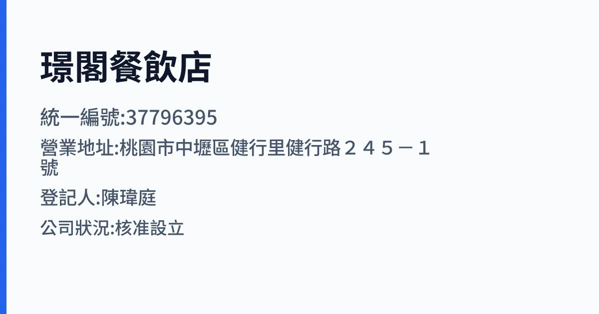 璟閣餐飲店 - 統編 37796395(桃園市) 公司登記資料與營業項目詳細圖表