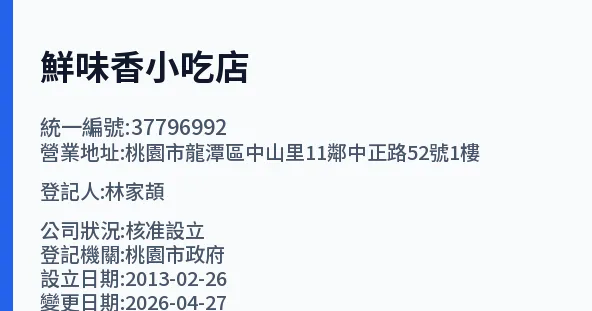 鮮味香小吃店的照片-統編 37796992(桃園市) 公司登記資料與營業項目詳細圖表