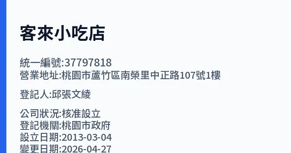客來小吃店的照片-統編 37797818(桃園市) 公司登記資料與營業項目詳細圖表