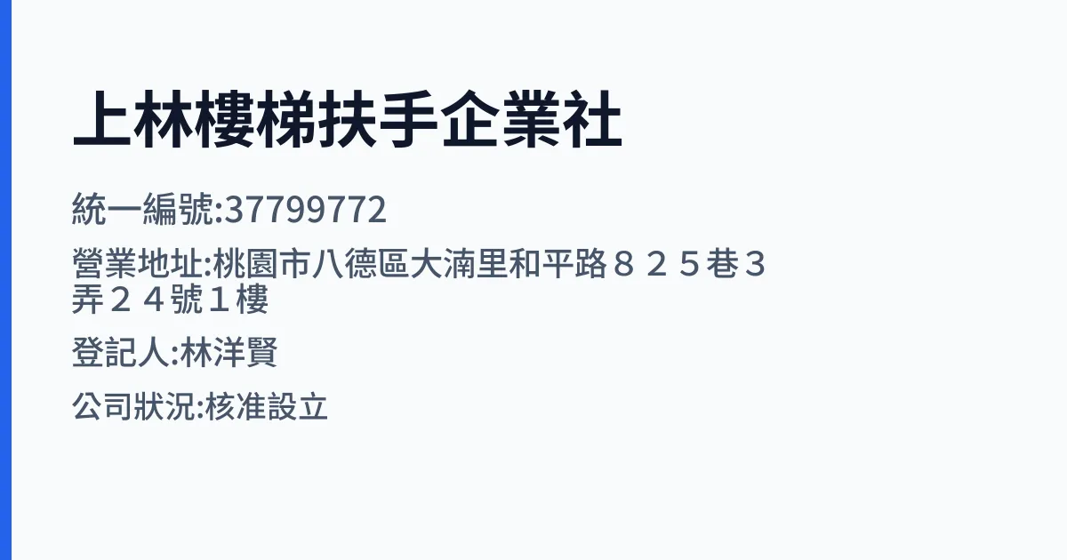 上林樓梯扶手企業社 - 統編 37799772(桃園市) 公司登記資料與營業項目詳細圖表