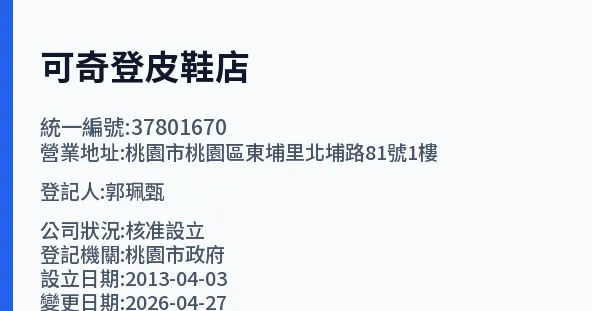 可奇登皮鞋店的照片-統編 37801670(桃園市) 公司登記資料與營業項目詳細圖表